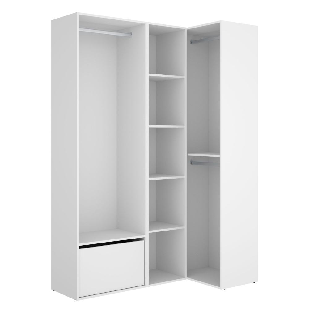 Open corner wardrobe with shelves, three hanging rods, and a foldable ...