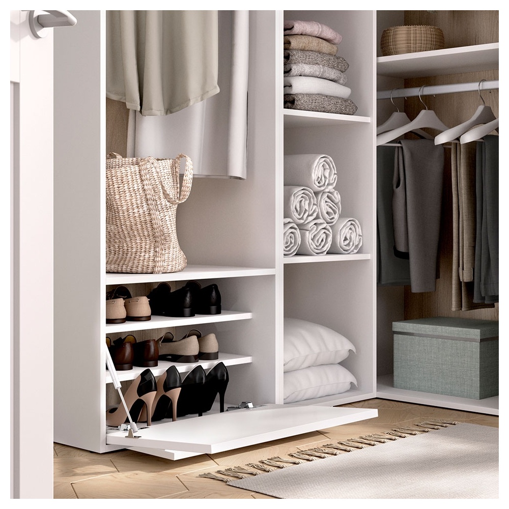 Open corner wardrobe with shelves, three hanging rods, and a foldable ...