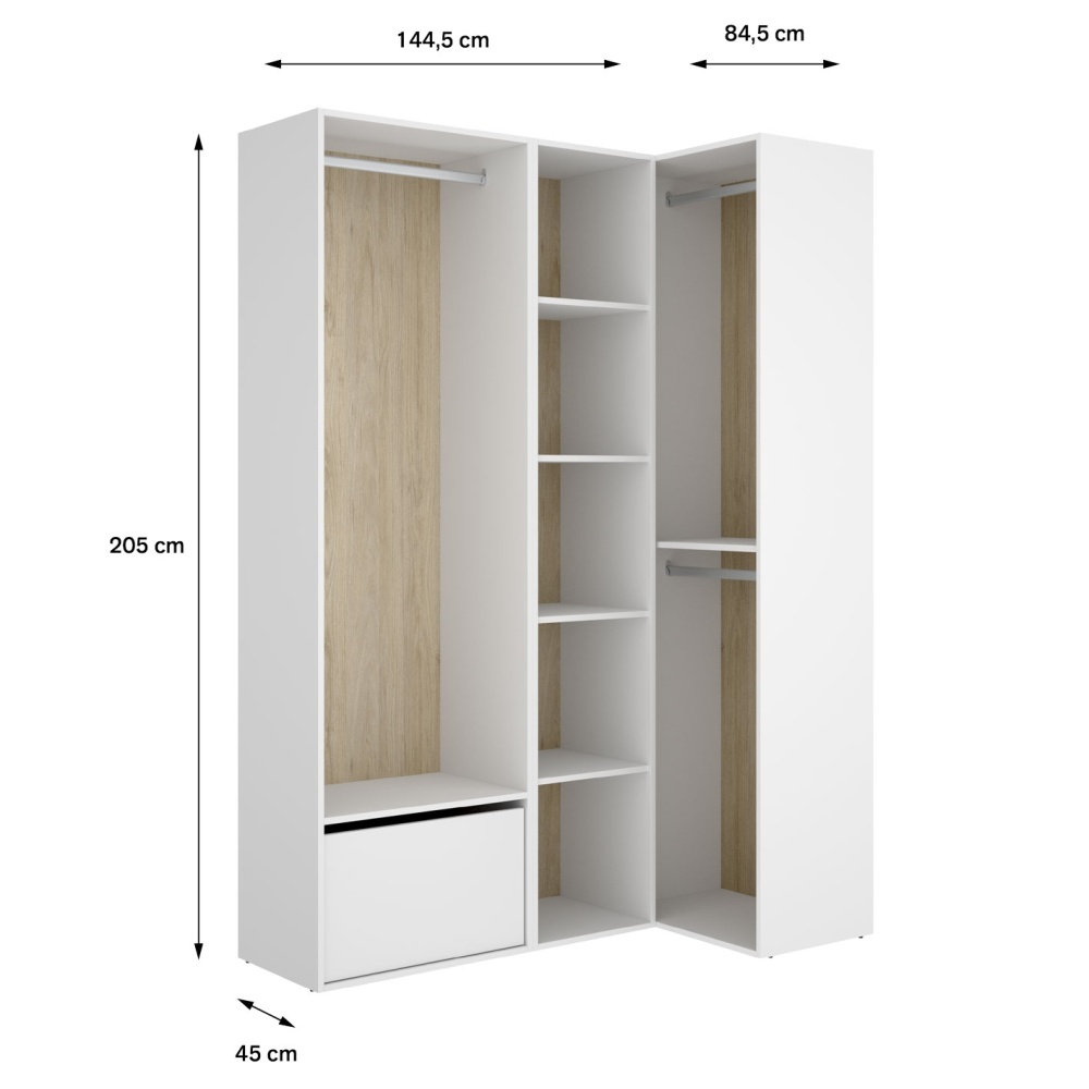 Open corner wardrobe with shelves, three hanging rods, and a foldable ...